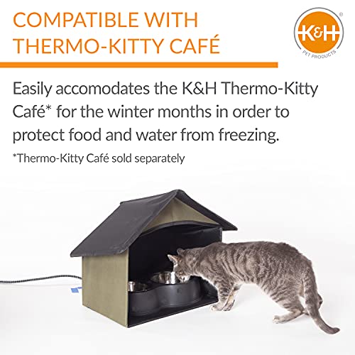 K&H PET PRODUCTS Outdoor Kitty Dining Room Outdoor Cat Shelter for Food & Water, Purrfect for Outdoor Feral Cats and Community Cats Olive 14 X 20 X 16.5