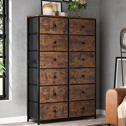 EnHomee Tall Dressers for Bedroom, 12 Drawer Dresser with Wooden Top and Metal Frame, Fabric Dresser & Chest of Drawers for Bedroom Closet Living Room, Rustic Brown, 11.8" D x 34.7" W x 52.4" H