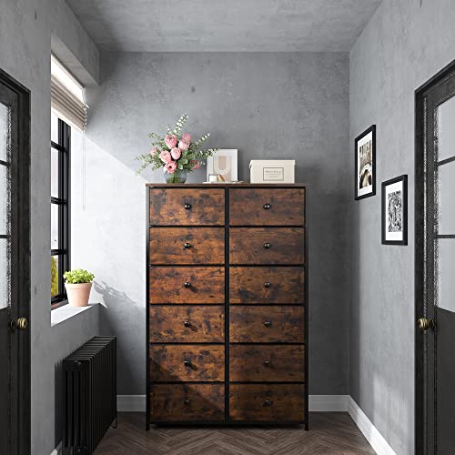 EnHomee Tall Dressers for Bedroom, 12 Drawer Dresser with Wooden Top and Metal Frame, Fabric Dresser & Chest of Drawers for Bedroom Closet Living Room, Rustic Brown, 11.8" D x 34.7" W x 52.4" H