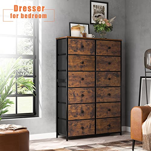 EnHomee Tall Dressers for Bedroom, 12 Drawer Dresser with Wooden Top and Metal Frame, Fabric Dresser & Chest of Drawers for Bedroom Closet Living Room, Rustic Brown, 11.8" D x 34.7" W x 52.4" H