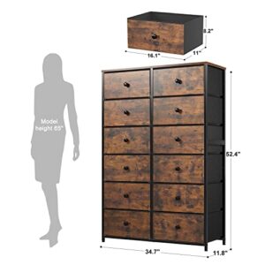 EnHomee Tall Dressers for Bedroom, 12 Drawer Dresser with Wooden Top and Metal Frame, Fabric Dresser & Chest of Drawers for Bedroom Closet Living Room, Rustic Brown, 11.8" D x 34.7" W x 52.4" H