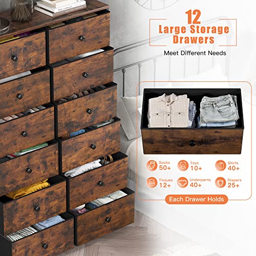 EnHomee Tall Dressers for Bedroom, 12 Drawer Dresser with Wooden Top and Metal Frame, Fabric Dresser & Chest of Drawers for Bedroom Closet Living Room, Rustic Brown, 11.8" D x 34.7" W x 52.4" H