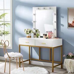 Tribesigns Vanity Table with Lighted Mirror, Makeup Vanity Dressing Table with 9 Lights and 2 Drawers for Women, Dresser Desk Vanity Set for Bedroom, Gold (White)