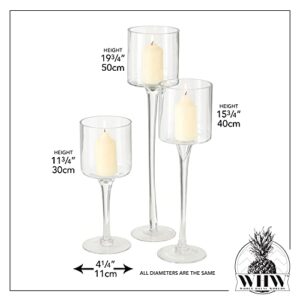 WHW Whole House Worlds Oversized Hamptons Long Stem Goblet Candle Holders, Set of 3, Centerpiece, Crystal Clear Glass, 19.75, 15.75, 11.75 Tall, 4.75 Diameter Cup for Tea Lights or Vo