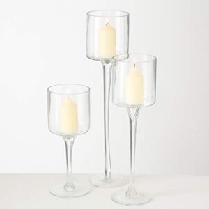 WHW Whole House Worlds Oversized Hamptons Long Stem Goblet Candle Holders, Set of 3, Centerpiece, Crystal Clear Glass, 19.75, 15.75, 11.75 Tall, 4.75 Diameter Cup for Tea Lights or Vo