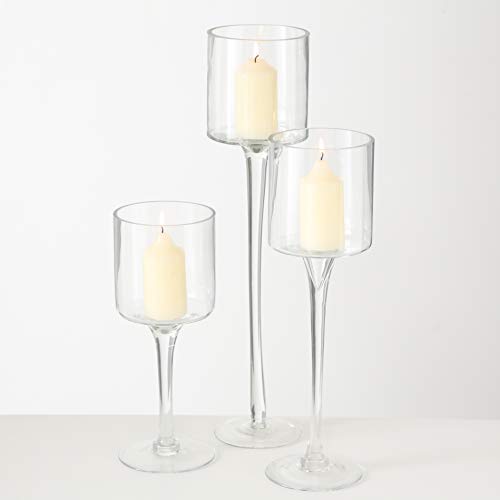 WHW Whole House Worlds Oversized Hamptons Long Stem Goblet Candle Holders, Set of 3, Centerpiece, Crystal Clear Glass, 19.75, 15.75, 11.75 Tall, 4.75 Diameter Cup for Tea Lights or Vo