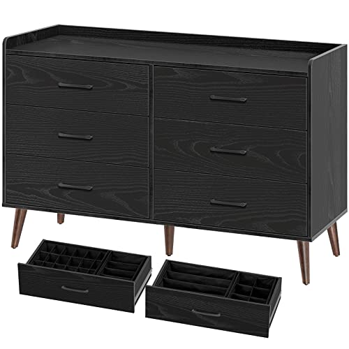 Rolanstar Drawer Dresser-Tool Free Quick Install, 6 Drawers Storage Dresser with Foldable Drawer Dividers, Modern Chest of Drawer, Black（Tool Free Except Drawer Handle and Foot）