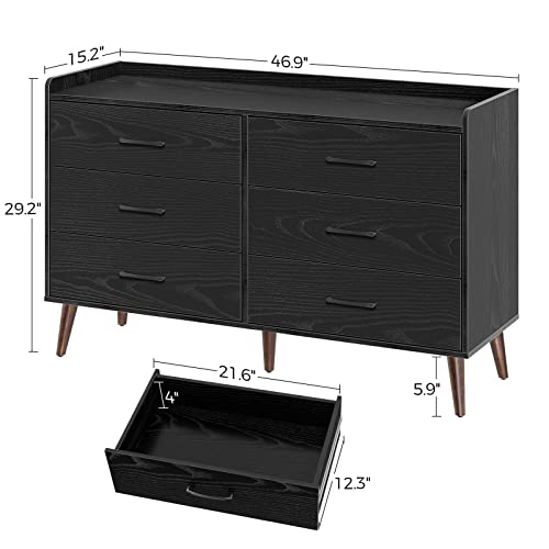 Rolanstar Drawer Dresser-Tool Free Quick Install, 6 Drawers Storage Dresser with Foldable Drawer Dividers, Modern Chest of Drawer, Black（Tool Free Except Drawer Handle and Foot）