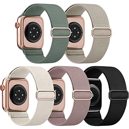 EOMTAM 5 Pack Stretchy Nylon Compatible for Apple Watch Band 38mm 40mm 41mm 42mm 44mm 45mm Women Men,Elastic Cloth Sport Wristbands Solo Loop for iWatch Series 8 7 6 SE 5 4 3(38/40/41MM,Starlight)