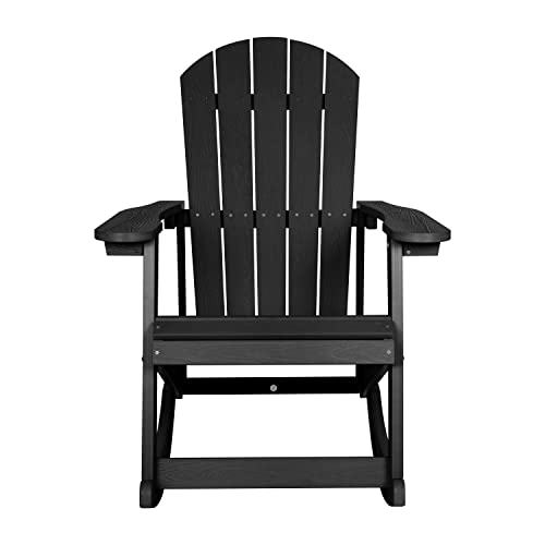 Flash Furniture Savannah Poly Resin Wood Adirondack Rocking Chair - All Weather Black Polystyrene - Stainless Steel Hardware