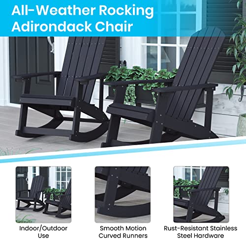 Flash Furniture Savannah Poly Resin Wood Adirondack Rocking Chair - All Weather Black Polystyrene - Stainless Steel Hardware