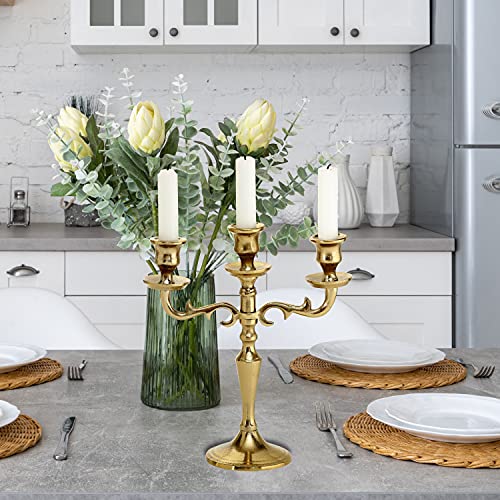 WHW Whole House Worlds Hamptons Three Arm Gold Candelabra, Hand Crafted of Aluminum, 10.25 Inches High, Weighted