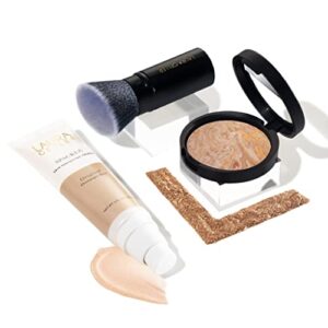 everyday routine kit (3 pc) laura geller new york baked balance-n-brighten color correcting foundation, medium, retractable kabuki, spackle champagne glow