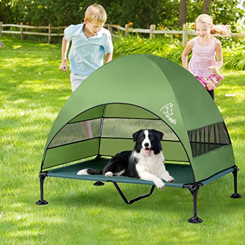 Upgraded Elevated Dog Bed with Canopy, Portable Raised Outdoor Dog Bed with Stable Anti-Slip Feet, Wider Shade Off Ground Pet Bed Cot, Raised Dog Beds for Large Dogs Camping, Indoor & Outdoor Use