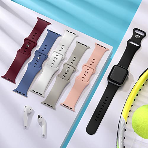 [6 Pack] SNBLK Compatible with Apple Watch Band 38mm 40mm 41mm 42mm 44mm 45mm, Silicone Strap for iWatch Series 7 6 5 4 3 2 1 SE, Black/Blue Gray/White/Pink/Gray/Wine Red, 38mm/40mm/41mm