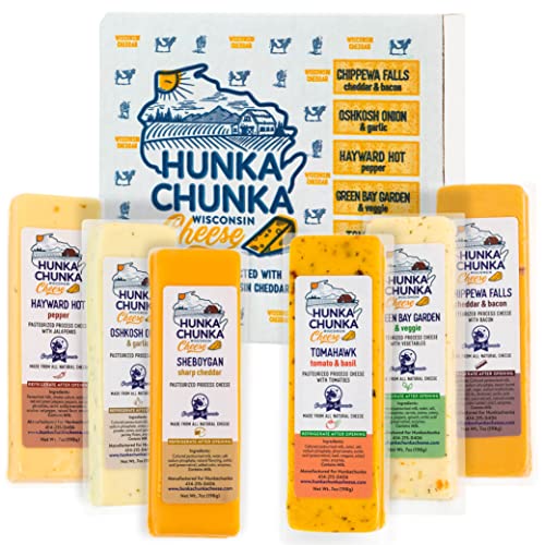 HunkaChunka Wisconsin Cheese Gift Basket, Includes 6 Cheddar Cheese Varieties, Gourmet 2.6 Lb Cheese Gift Box Assortment, Fathers Day Snack Food Gift for Dad, Husband, Son, Grandpa