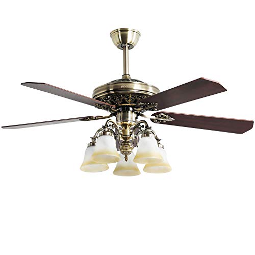 FINXIN Indoor Ceiling Fan Light Fixtures New Bronze Remote LED 52 Ceiling Fans For Bedroom,Living Room,Dining Room Including Motor,5-Light,5-Blades,Remote Switch