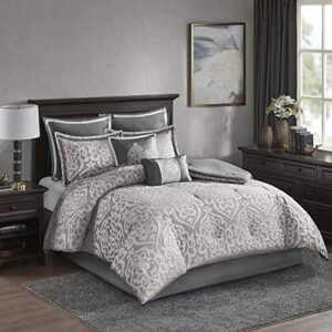 madison park odette cozy comforter set jacquard damask medallion design – modern all season, down alternative bedding, shams, decorative pillows, queen(90 in x 90 in), silver 8 piece