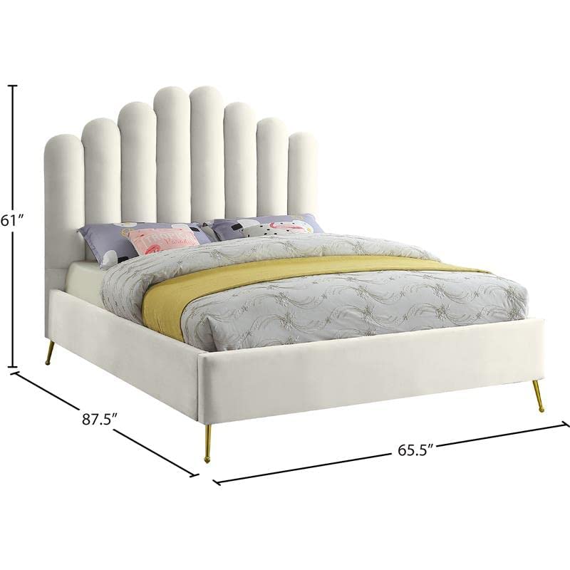 Meridian Furniture Lily Collection Modern | Contemporary Velvet Upholstered Bed with Deep Channel Tufting and Custom Gold Steel Legs, Queen, Cream