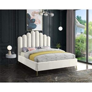 Meridian Furniture Lily Collection Modern | Contemporary Velvet Upholstered Bed with Deep Channel Tufting and Custom Gold Steel Legs, Queen, Cream