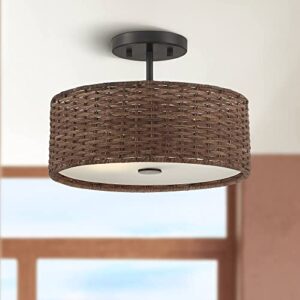 possini euro design hampton modern ceiling light semi flush-mount fixture 13 1/4″ wide soft gold 2-light dark weave rattan drum shade for bedroom kitchen living room hallway bathroom house home