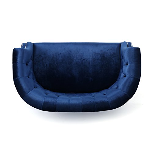 Christopher Knight Home Milani Tufted Scroll Arm Velvet Loveseat, Navy Blue / Dark Brown