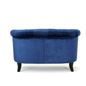 Christopher Knight Home Milani Tufted Scroll Arm Velvet Loveseat, Navy Blue / Dark Brown