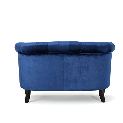 Christopher Knight Home Milani Tufted Scroll Arm Velvet Loveseat, Navy Blue / Dark Brown