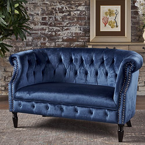 Christopher Knight Home Milani Tufted Scroll Arm Velvet Loveseat, Navy Blue / Dark Brown