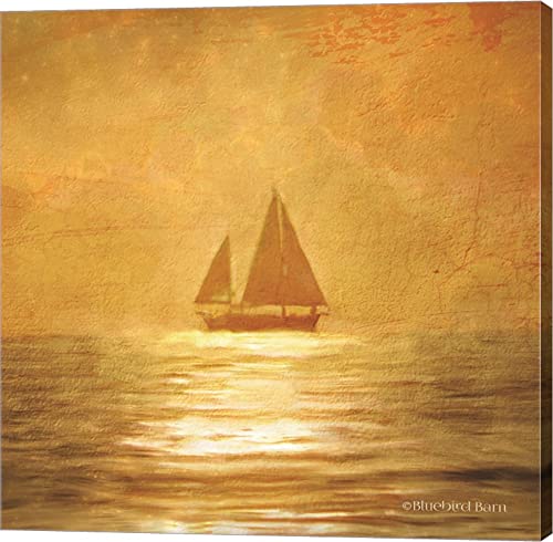 Solo Gold Sunset Sailboat by Bluebird Barn Canvas Art Wall Picture, Gallery Wrap, 36 x 36 inches