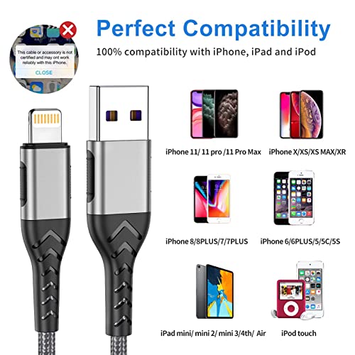 iPhone Charger, [Apple MFi Certified] 3Pack 6FT USB A Cable for Long Charger Cable, Fast iPhone Charging Cord Compatible with with iPhone Xs Max/XS/XR/X/8/7/6S/6/Plus/SE/iPad(Silver)