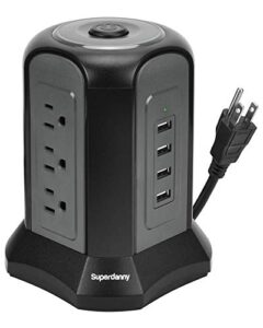 power strip tower surge protector, superdanny desktop charging station, 10 ft extension cord, 9 outlets, 4 usb ports, 1080 joules, 3-prong, grounded, multiple protections for home, office, black