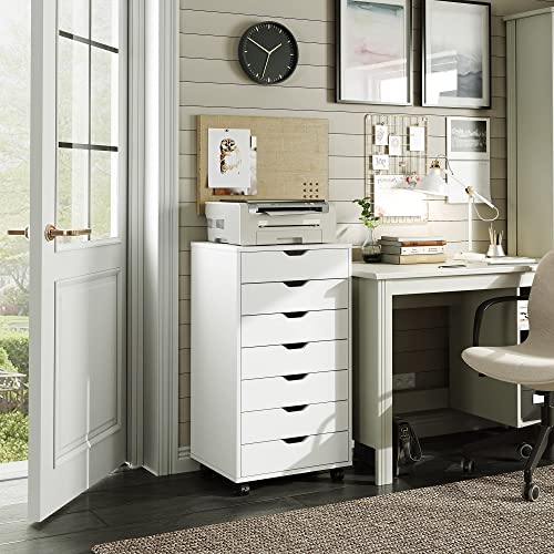 DEVAISE 7-Drawer Chest, Wood Storage Dresser Cabinet with Wheels, White