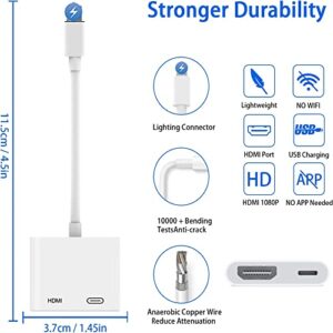 Lightning to HDMI Adapter [Apple MFi Certified], No Need Power, iPhone to HDMI Adapter 1080P Screen Converter with Lightning Charging Port Compatible for iOS Devices to Projector/Monitor