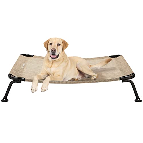 Veehoo Curved Cooling Elevated Dog Bed, Black Frame Outdoor Raised Dog Cot, Chew Proof Pet Bed with Washable & Breathable Textilene Mesh, Non-Slip feet for Indoor & Outdoor, X Large, Beige Coffee