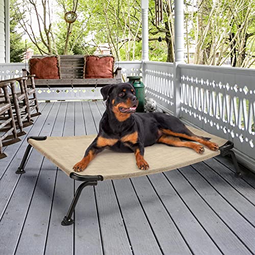 Veehoo Curved Cooling Elevated Dog Bed, Black Frame Outdoor Raised Dog Cot, Chew Proof Pet Bed with Washable & Breathable Textilene Mesh, Non-Slip feet for Indoor & Outdoor, X Large, Beige Coffee