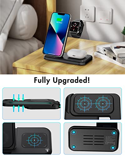 Charger Station for Apple Multiple Devices, 3 in 1 Fast Wireless Charger Stand Dock Foldable for iPhone 14 13 12 11 Pro X XS 8 Plus Apple Watch Series 8 7 6 SE 5 4 3 2 & AirPods 3/2/Pro with Adapter