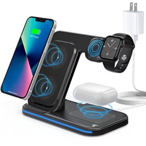 charger station for apple multiple devices, 3 in 1 fast wireless charger stand dock foldable for iphone 14 13 12 11 pro x xs 8 plus apple watch series 8 7 6 se 5 4 3 2 & airpods 3/2/pro with adapter