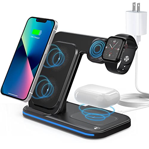 Charger Station for Apple Multiple Devices, 3 in 1 Fast Wireless Charger Stand Dock Foldable for iPhone 14 13 12 11 Pro X XS 8 Plus Apple Watch Series 8 7 6 SE 5 4 3 2 & AirPods 3/2/Pro with Adapter