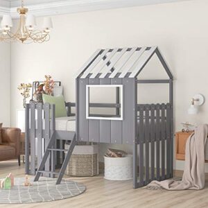 twin loft house bed for kids, wooden loft beds with rustic fence-shaped guardrail/ladder/window/roof for teens boys & girls bedroom (gray-loft house bed)