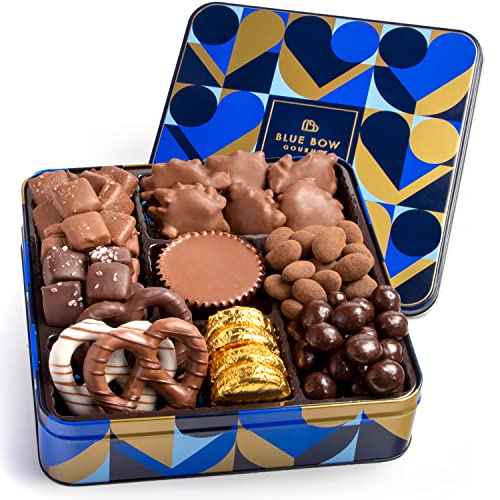 Blue Bow Gourmet Artisanal Chocolate Assortment Gift Tin for Easter, Mother's Day, Birthday, Thank You