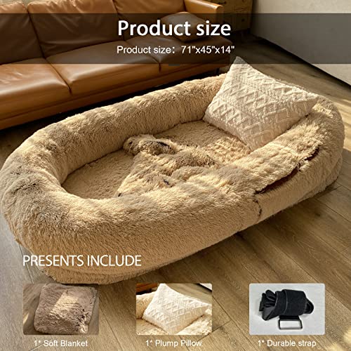 YAEM Human Dog Bed, 71"x45"x14" Dog Beds for Humans Size Fits You and Pets, Washable Faux Fur Human Dog Bed for People Doze Off, Napping Orthopedic Dog Bed, Present Plump Pillow, Blanket, Strap-Khaki