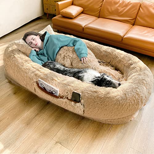 YAEM Human Dog Bed, 71"x45"x14" Dog Beds for Humans Size Fits You and Pets, Washable Faux Fur Human Dog Bed for People Doze Off, Napping Orthopedic Dog Bed, Present Plump Pillow, Blanket, Strap-Khaki