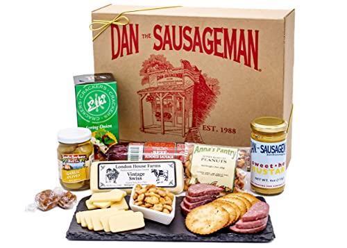 Dan the Sausageman’s Party Gift Basket Assortment Fresh Summer Sausage, Mustard and Cheese.