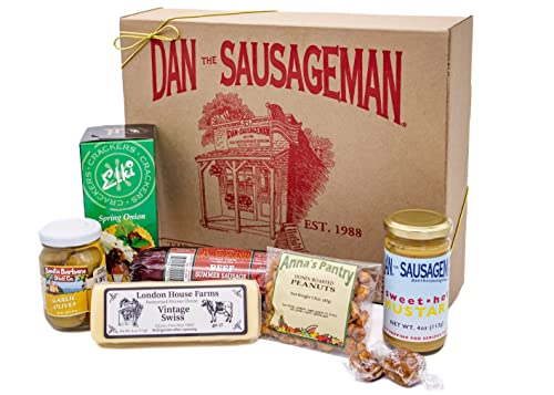 Dan the Sausageman’s Party Gift Basket Assortment Fresh Summer Sausage, Mustard and Cheese.