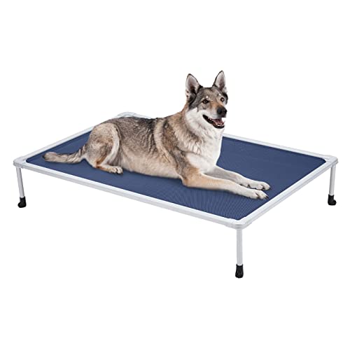 Veehoo Large Elevated Dog Bed – Chewproof Cooling Raised Dog Cots Beds, Outdoor Metal Frame Pet Training Platform with Skid-Resistant Feet, Breathable Textilene Mesh, 49 x 33 x 9 inch, Blue