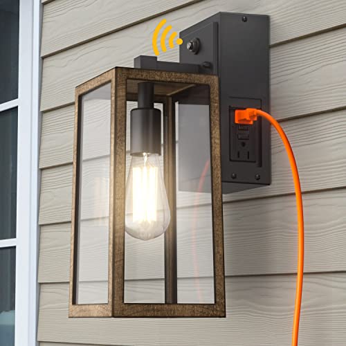 Lintem Porch Lights with GFCI Outlet, Industrial Outdoor Wall Mount Light Fixture Exterior with Rustic Wood Finish Dusk to Dawn Waterproof Wall Lantern for House Garage Doorway, Bulb Not Included