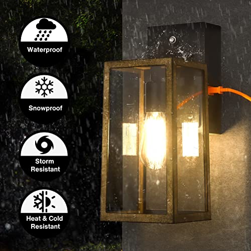 Lintem Porch Lights with GFCI Outlet, Industrial Outdoor Wall Mount Light Fixture Exterior with Rustic Wood Finish Dusk to Dawn Waterproof Wall Lantern for House Garage Doorway, Bulb Not Included