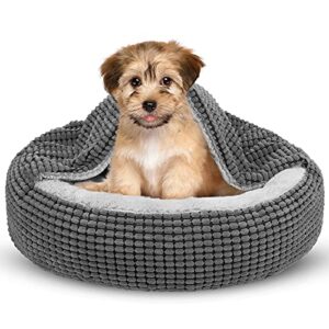 siwa mary small dog bed with attached blanket, cozy donut cuddler anti-anxiety hooded pet beds calming cave bed. orthopedic round puppy beds for small dogs or cats washable, anti-slip bottom, 23inch