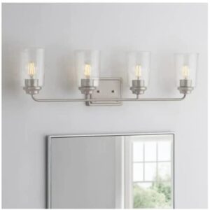 Hampton Bay Evangeline 32.375 in. 4-Light Brushed Nickel Farmhouse Bathroom Vanity Light with Clear Seeded Glass Shades